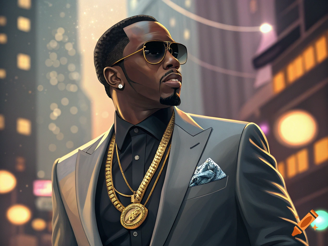 Stylized portrait of a man in a suit and gold chains in an urban ...