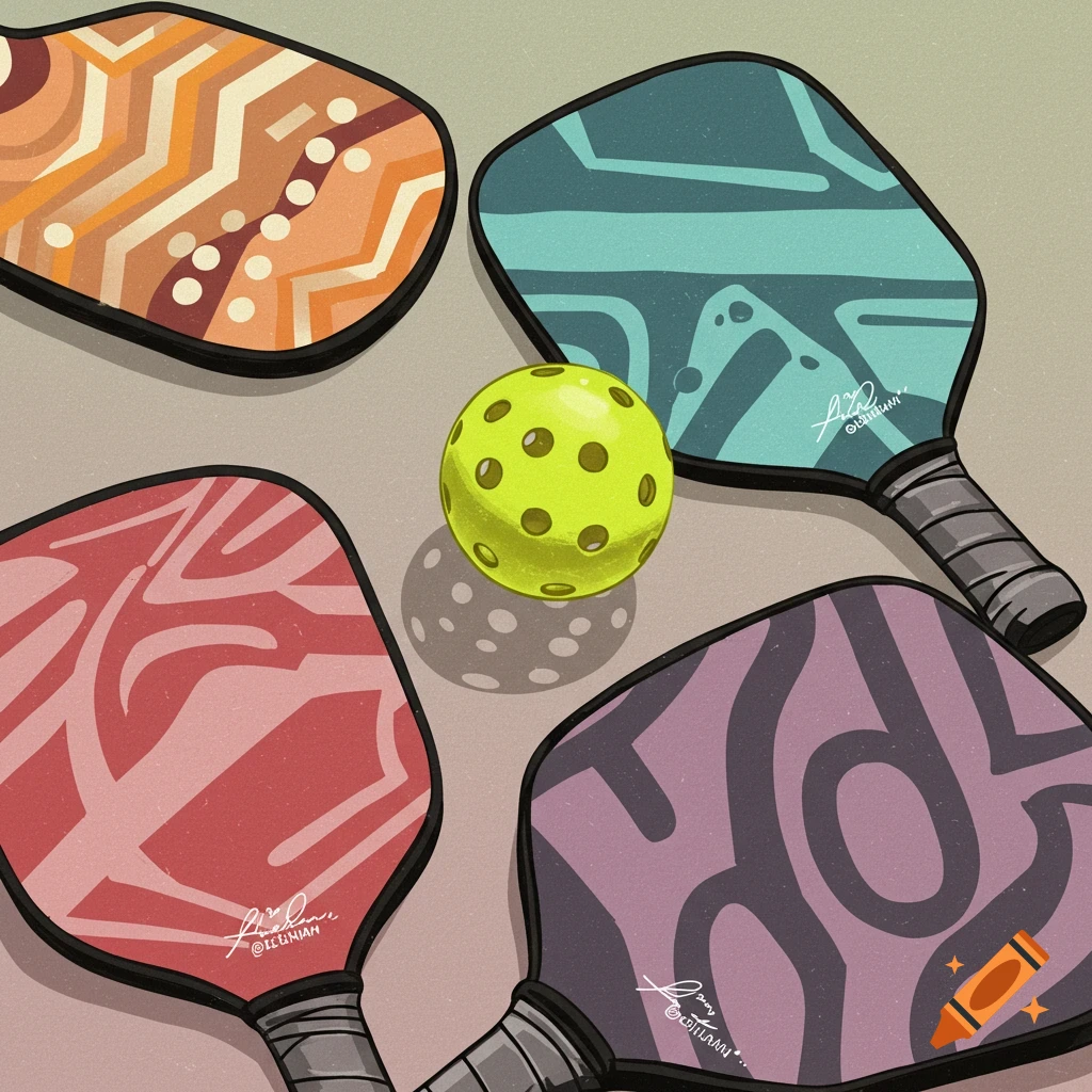 Overhead view of four colorful, patterned pickleball paddles and a ball ...