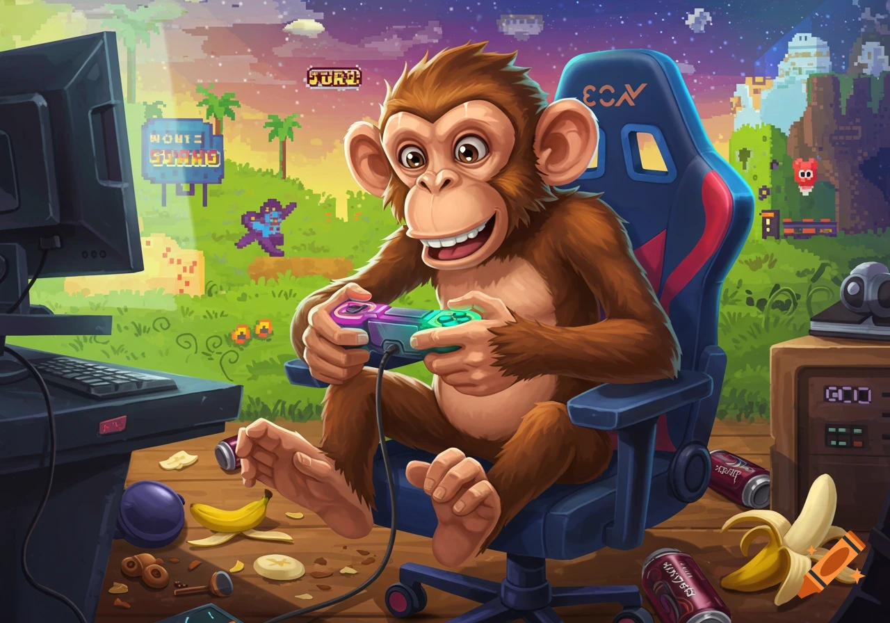 Cartoon illustration of a monkey playing video games in a gaming chair ...