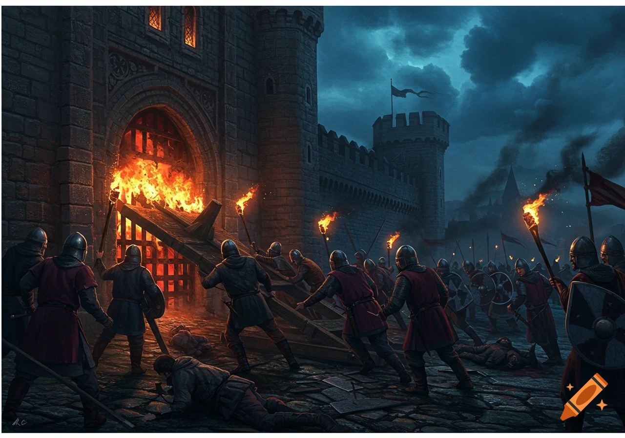 Medieval soldiers with torches and a battering ram attack a castle gate ...