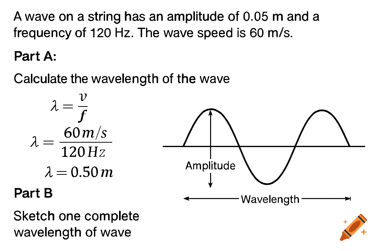 Physics problem showing wave calculations and a diagram illustrating ...