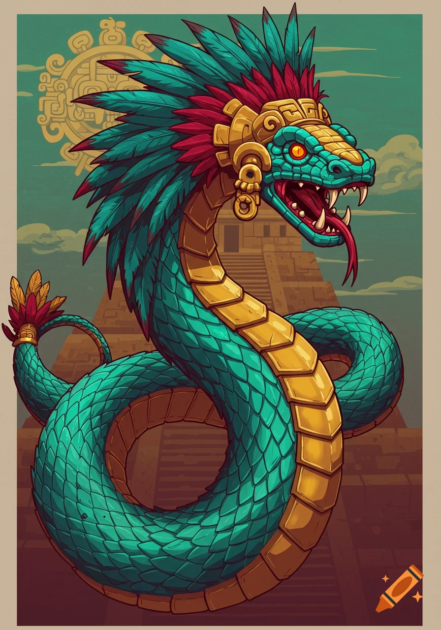 Stylized feathered serpent in front of pyramids on Craiyon