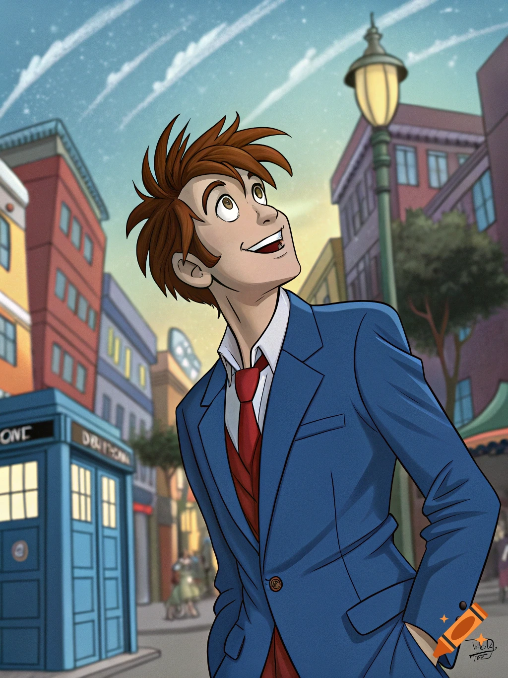 Cartoon character resembling the Tenth Doctor in a suit stands on a ...