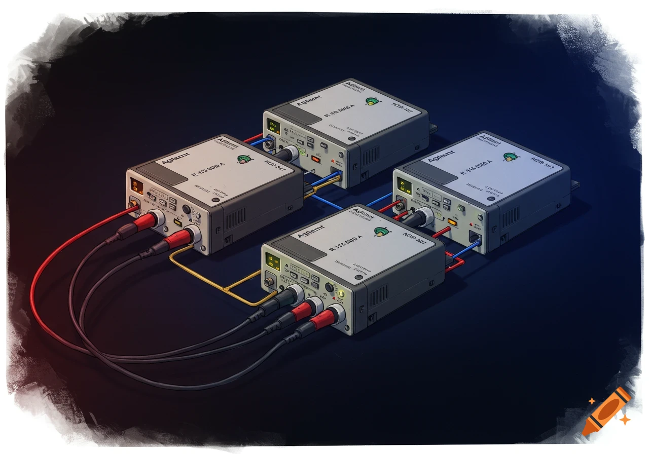 Four electronic test equipment loads connected by cables, digital ...