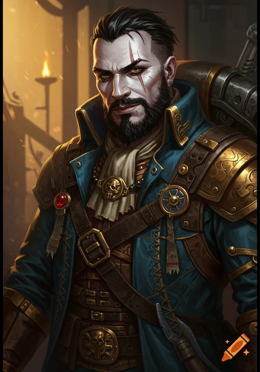 Portrait of a man with facial scars in elaborate fantasy or steampunk ...