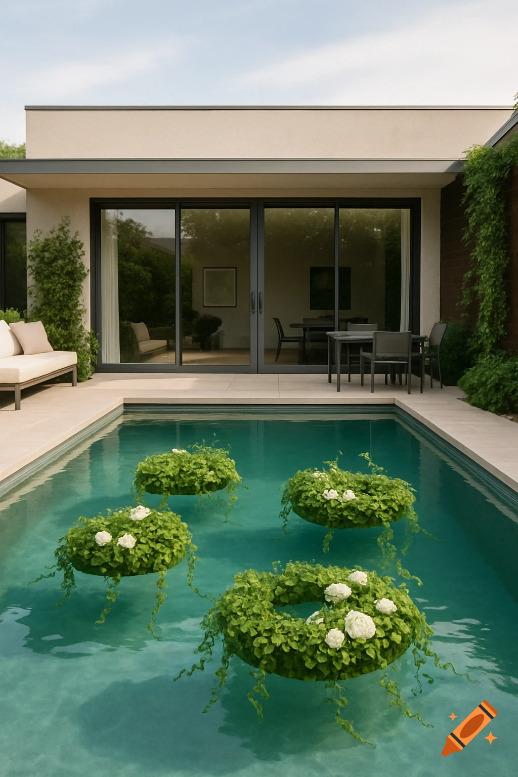A modern house with a swimming pool containing floating plant ...