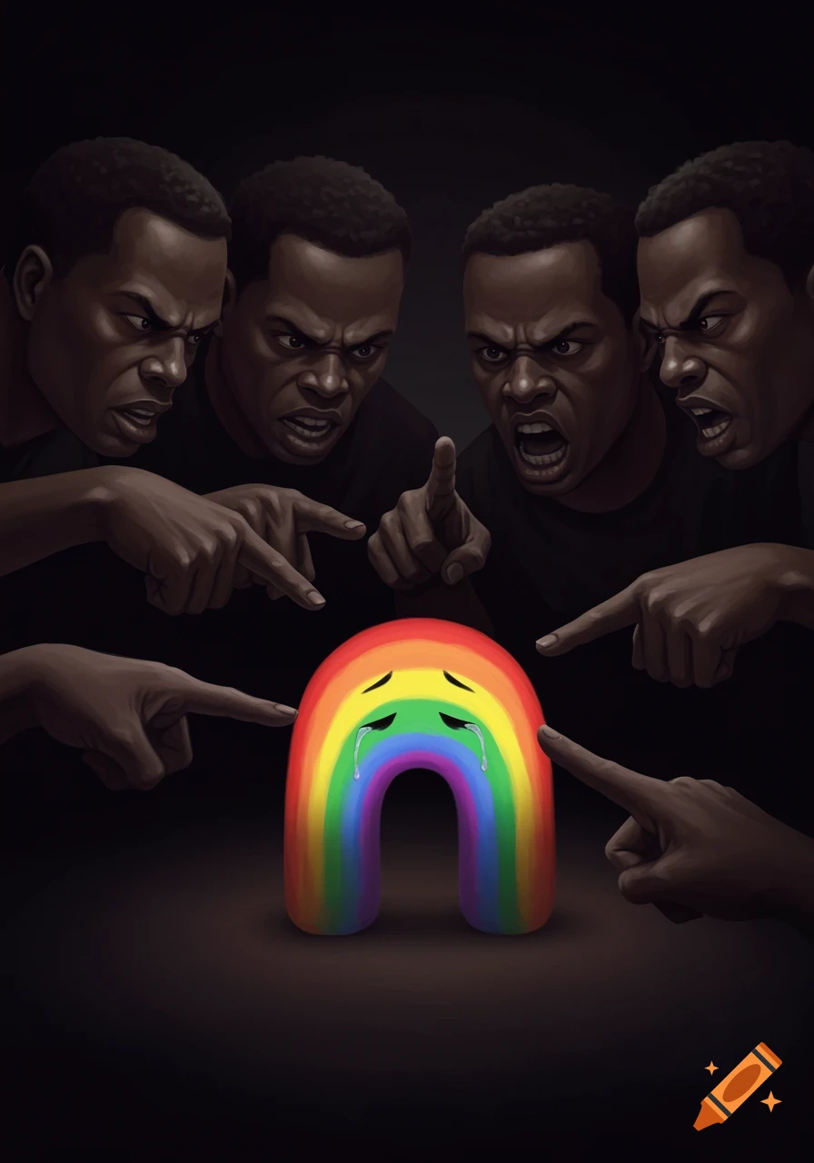 Illustration of a sad, crying rainbow figure being pointed at by angry ...