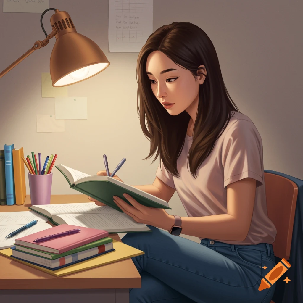 A young woman studies at a desk under a lamp, writing in a notebook ...