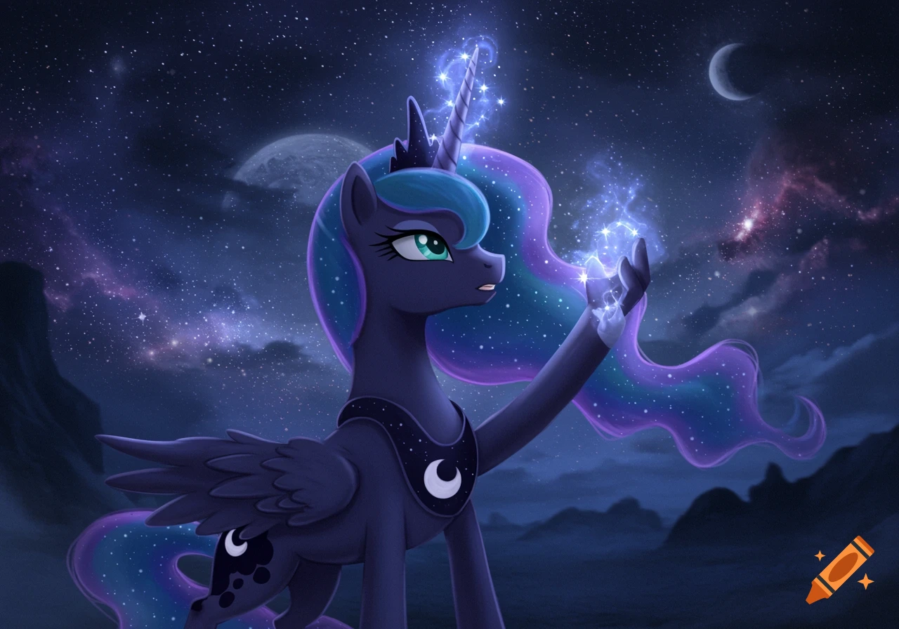 A dark unicorn pony casts a spell under a starry night sky. on Craiyon