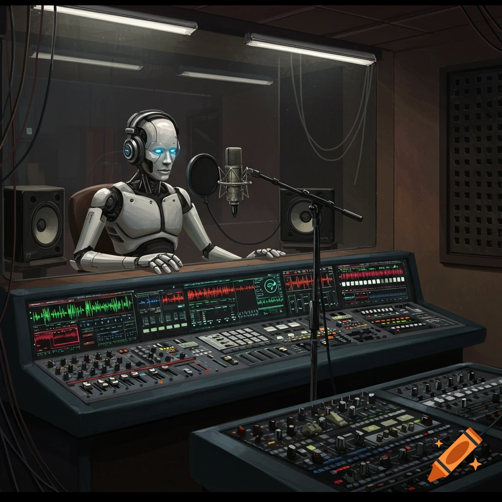 A robot wearing headphones sits at a large audio mixing desk in a recording studio. on Craiyon