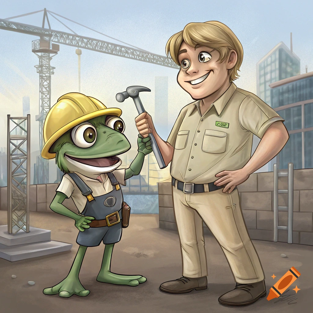 Cartoon illustration of a frog in construction gear and a man standing ...