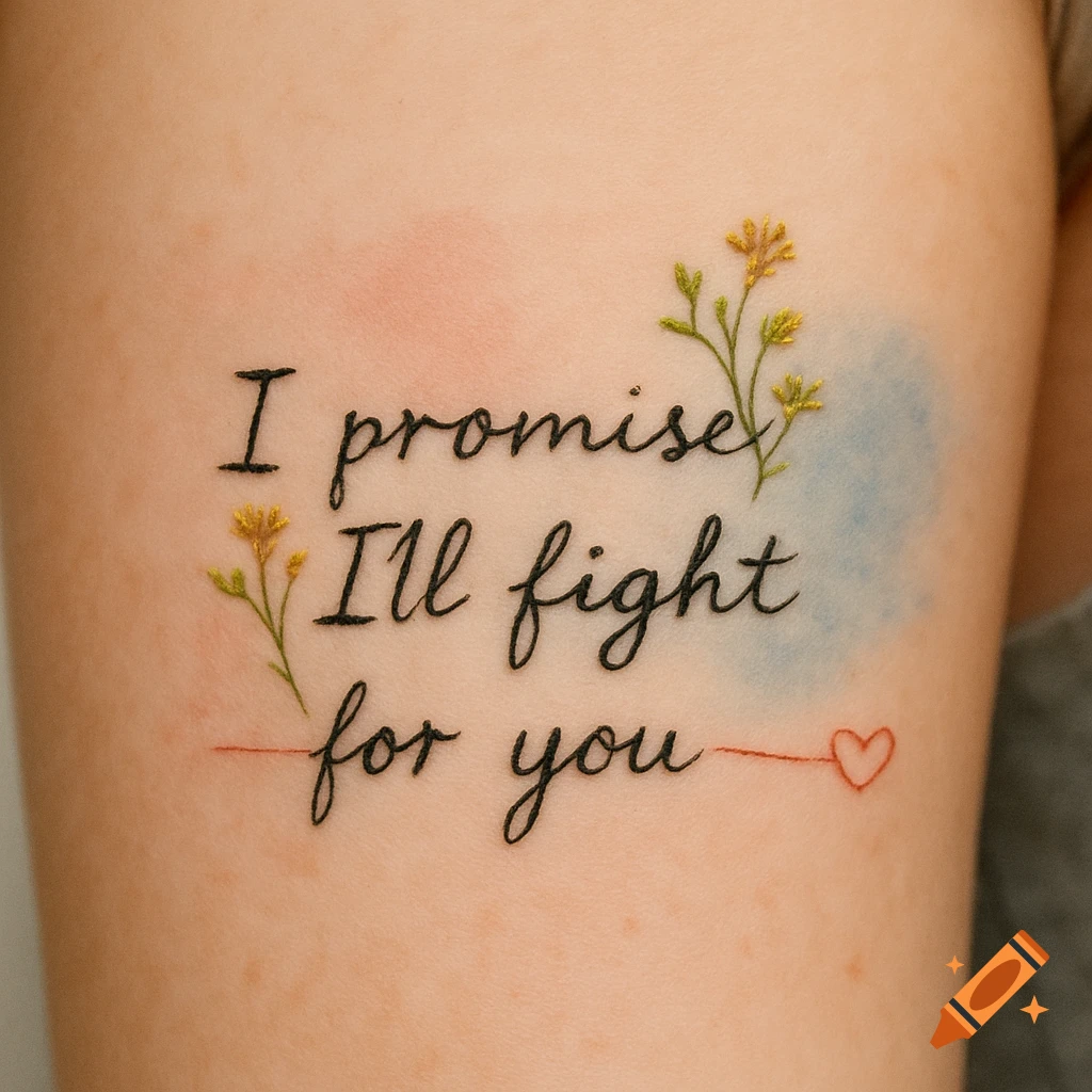 Tattoo on skin with text 'I promise I'll fight for you', small flowers ...