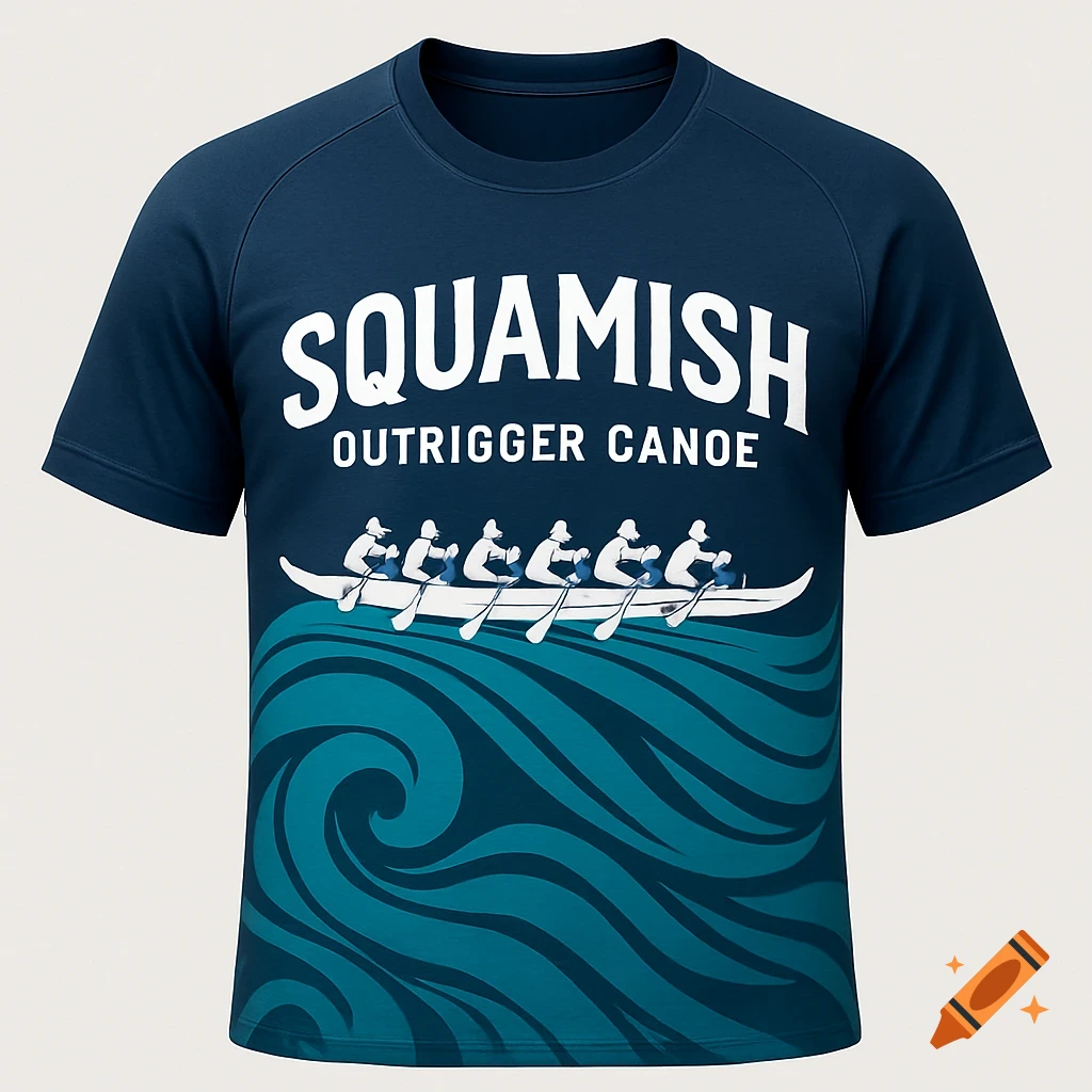 Navy blue t-shirt graphic of an outrigger canoe on waves with 'SQUAMISH ...