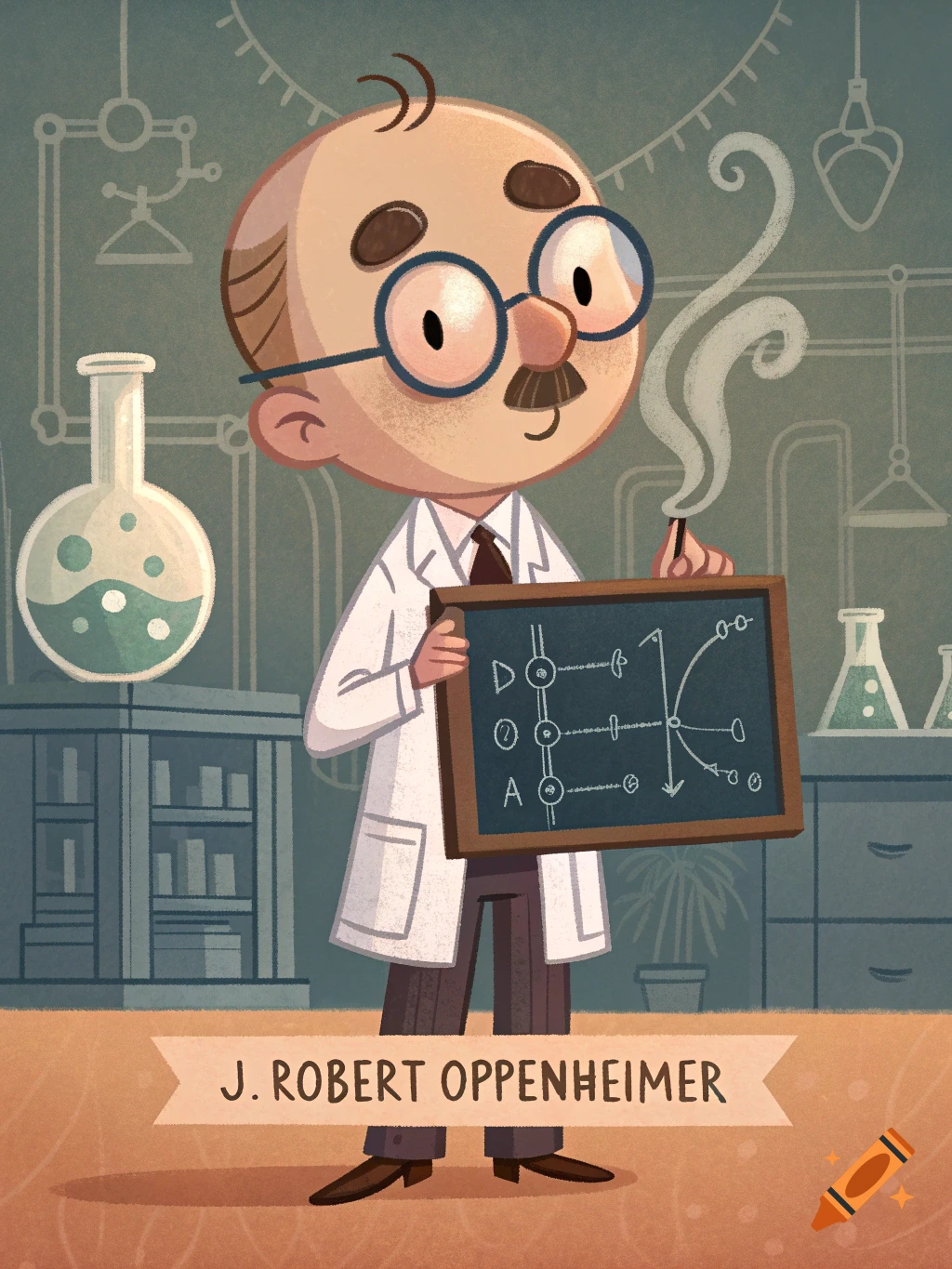 A cartoon illustration of J. Robert Oppenheimer holding a blackboard in ...