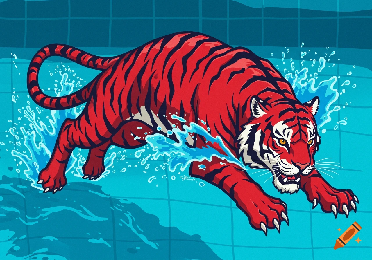 Bold stylized illustration of a red tiger diving into a blue swimming ...