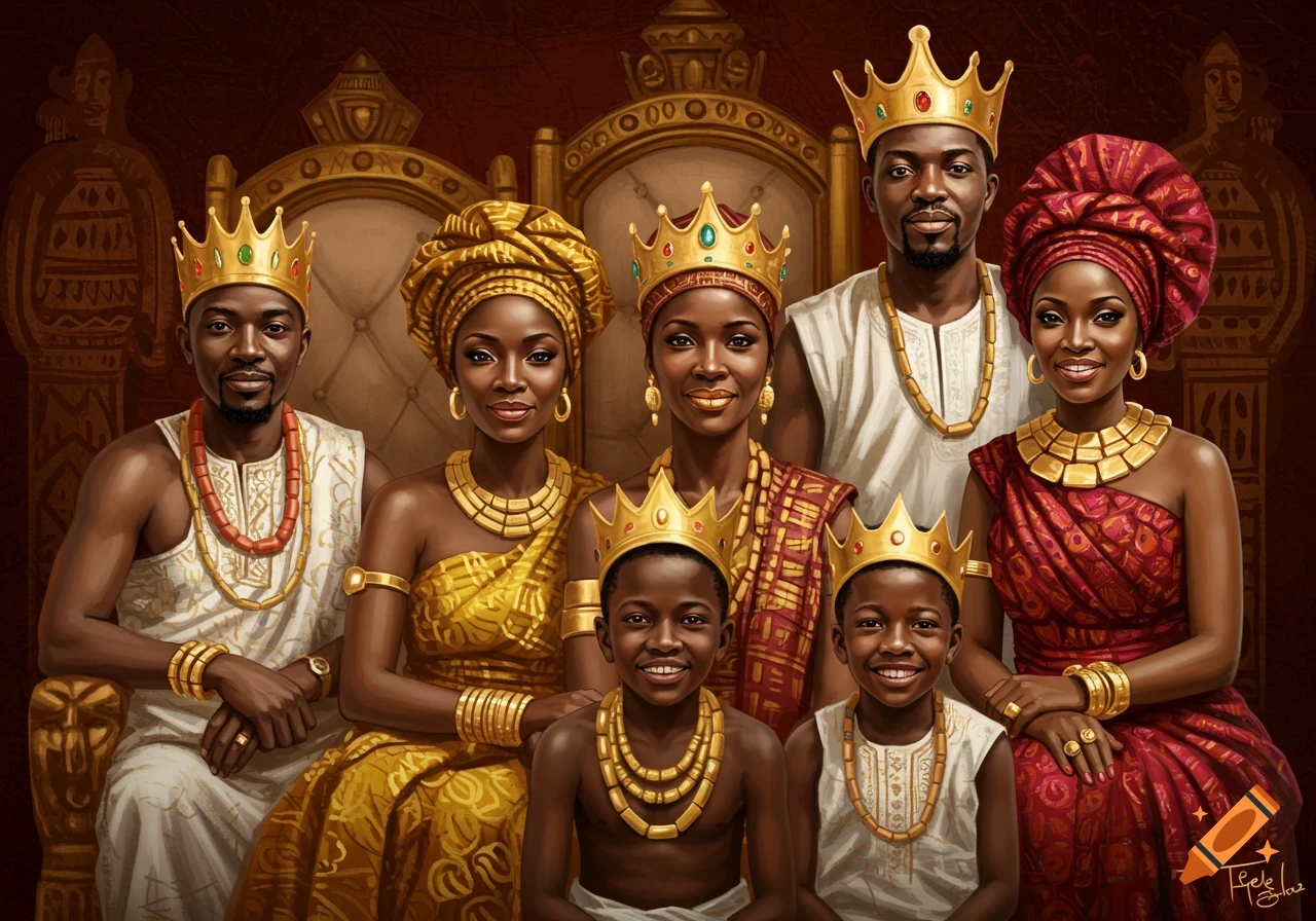 Family of African royalty in traditional attire, crowns, and gold ...