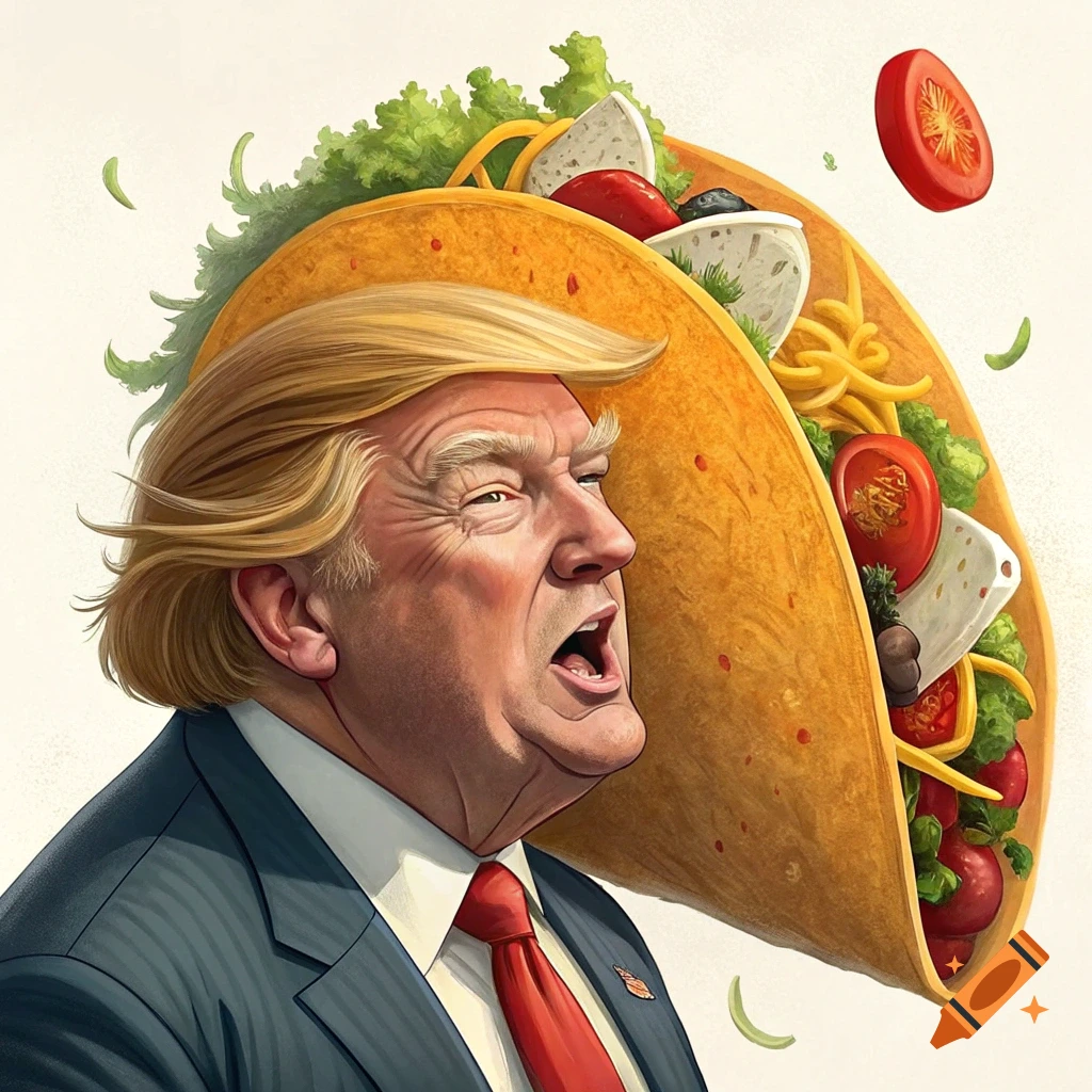 Cartoon caricature of Donald Trump with a taco as his hair on Craiyon