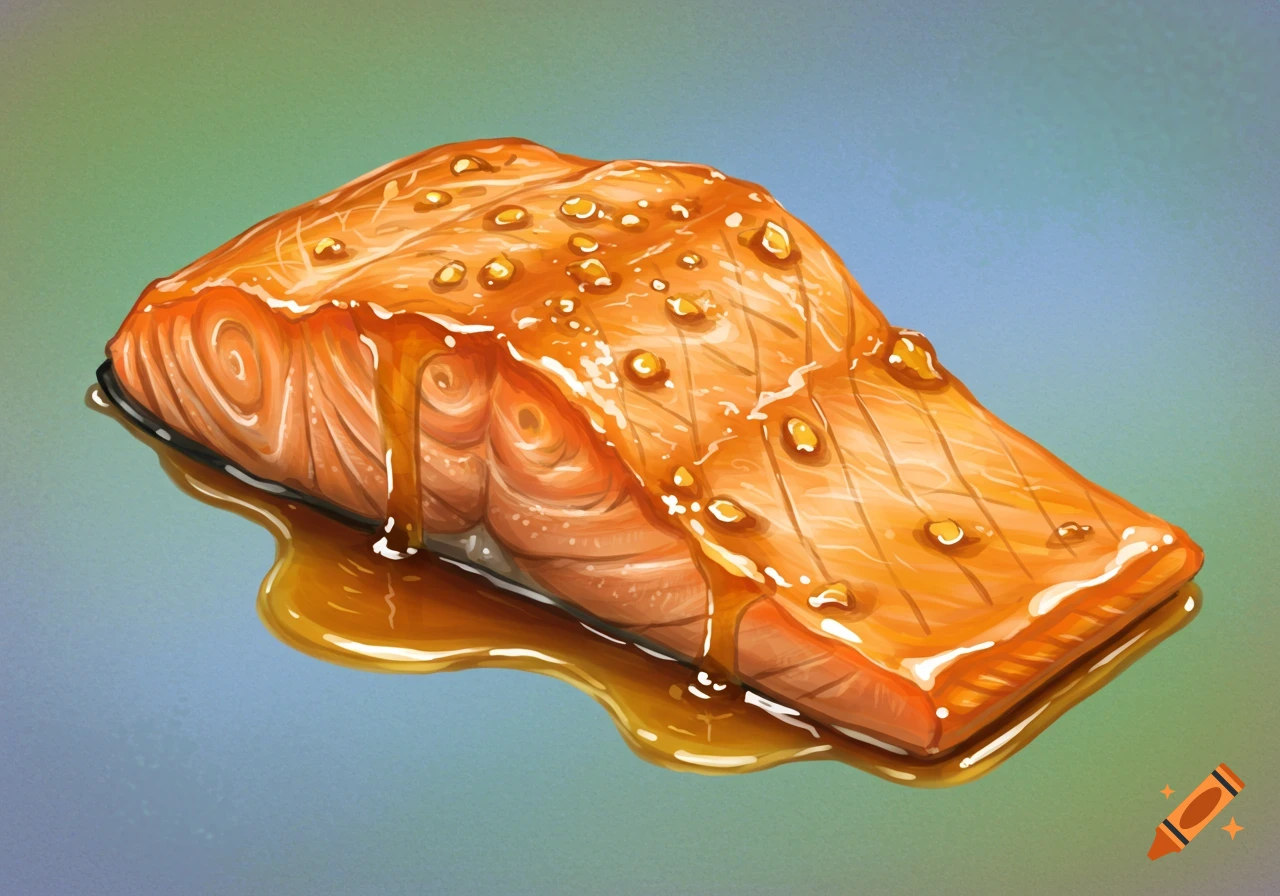 A cooked salmon fillet coated in maple glaze, illustration style. on ...