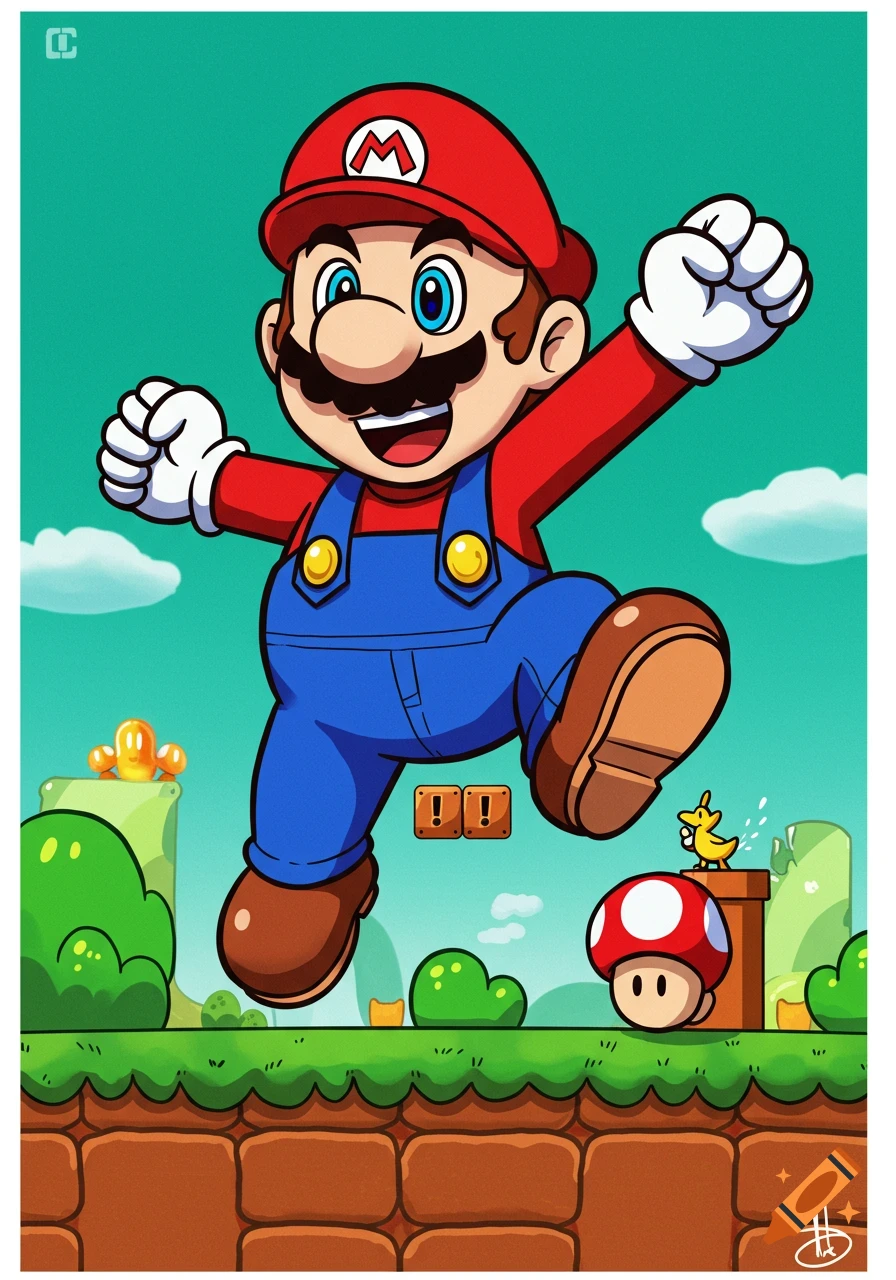 Cartoon illustration of Mario jumping in a classic game level with ...