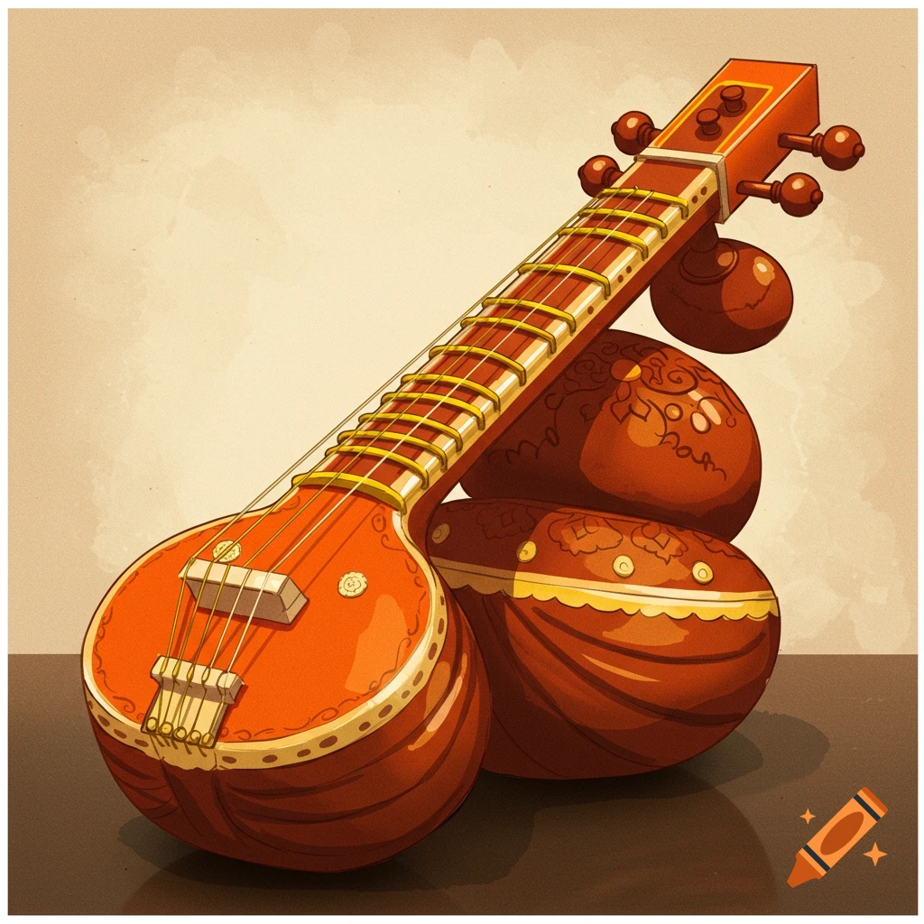 A tanpura, an Indian string instrument, is shown in orange and yellow ...