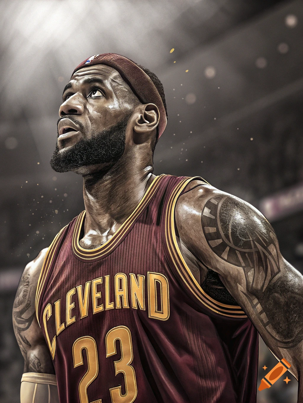 Close-up portrait of LeBron James looking up in a Cleveland Cavaliers ...