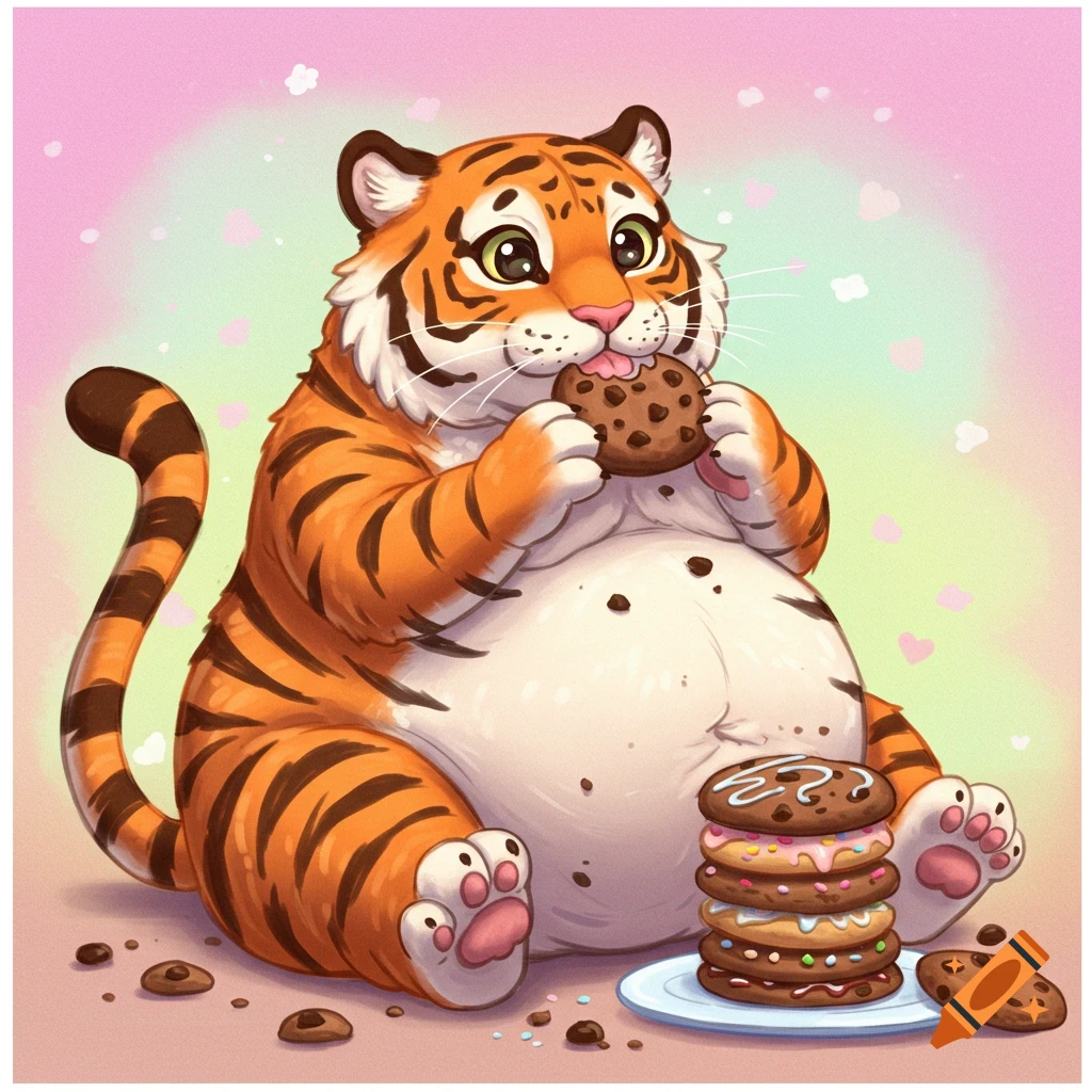 Cute chibi cartoon of a fat tiger sitting and eating a cookie next to a ...