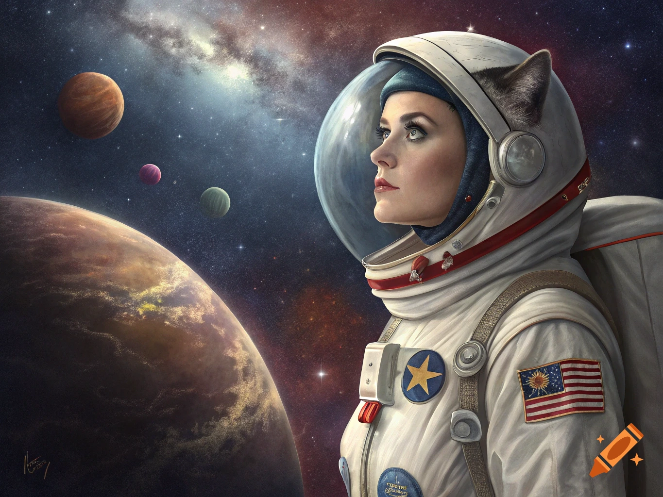 Figure in astronaut suit with cat ears looks at planets in space ...