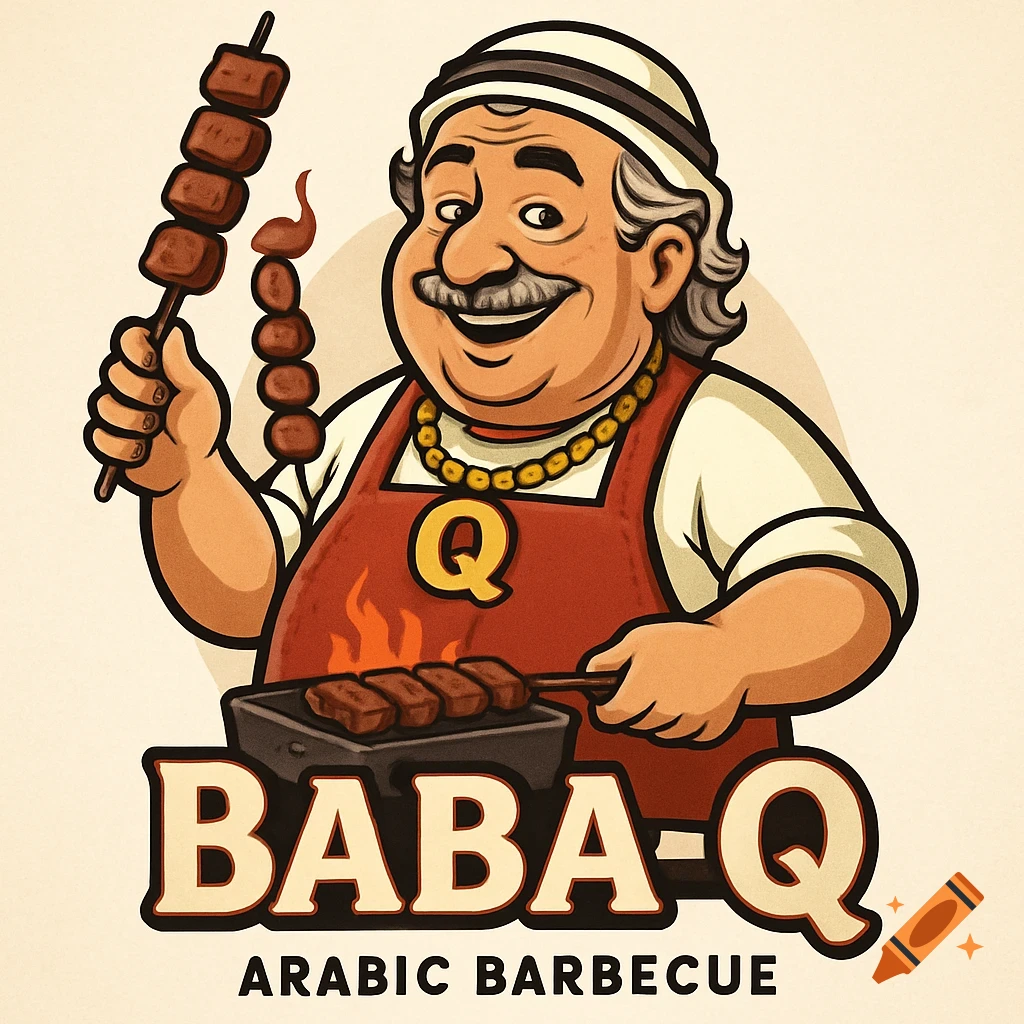 Cartoon mascot of a man cooking kebabs on a grill, text reads BABA-Q ...