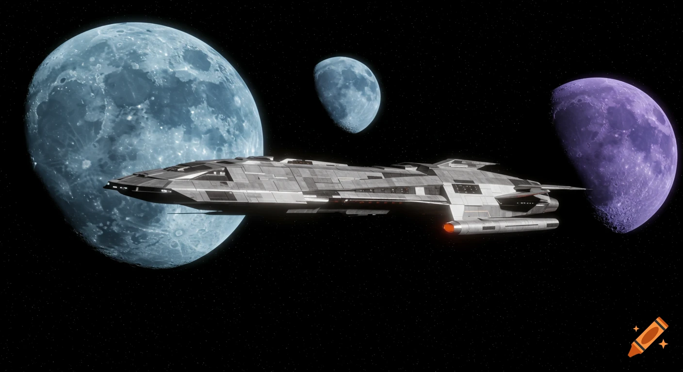 A sleek grey spaceship flies through space with three moons behind it ...