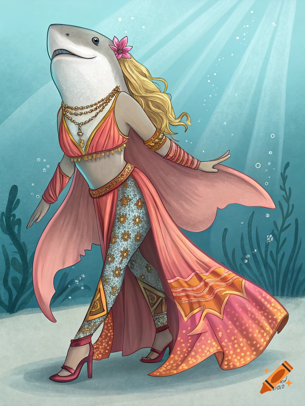 Illustrative image of a shark with human body wearing ornate pink and ...