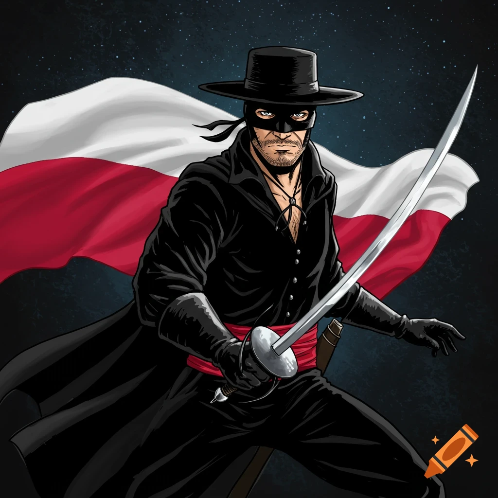 An illustration of Zorro in black holding a sword in front of a Polish ...