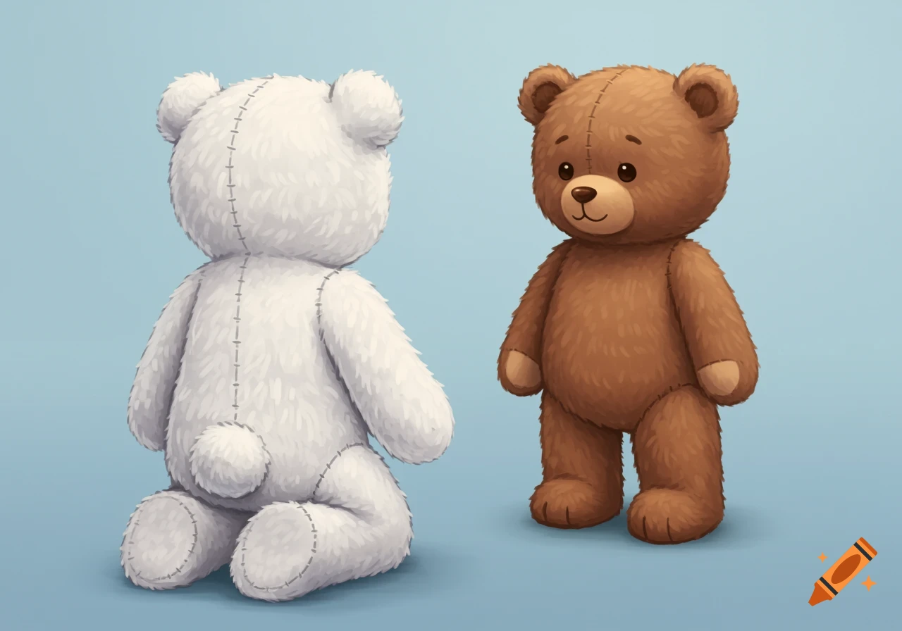 Cartoon illustration of a white teddy bear kneeling and a brown teddy bear standing. on Craiyon