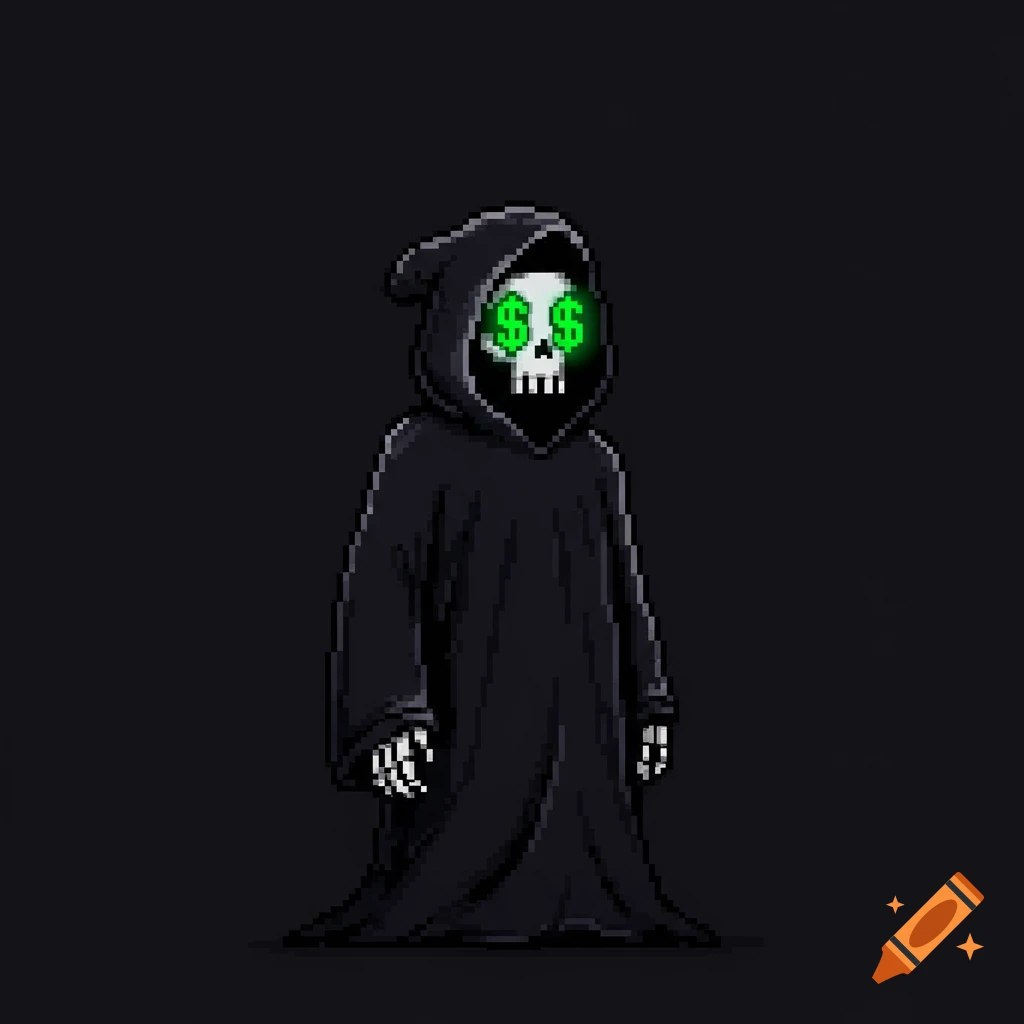 An 8-bit pixel art sprite of a Grim Reaper with glowing green dollar ...