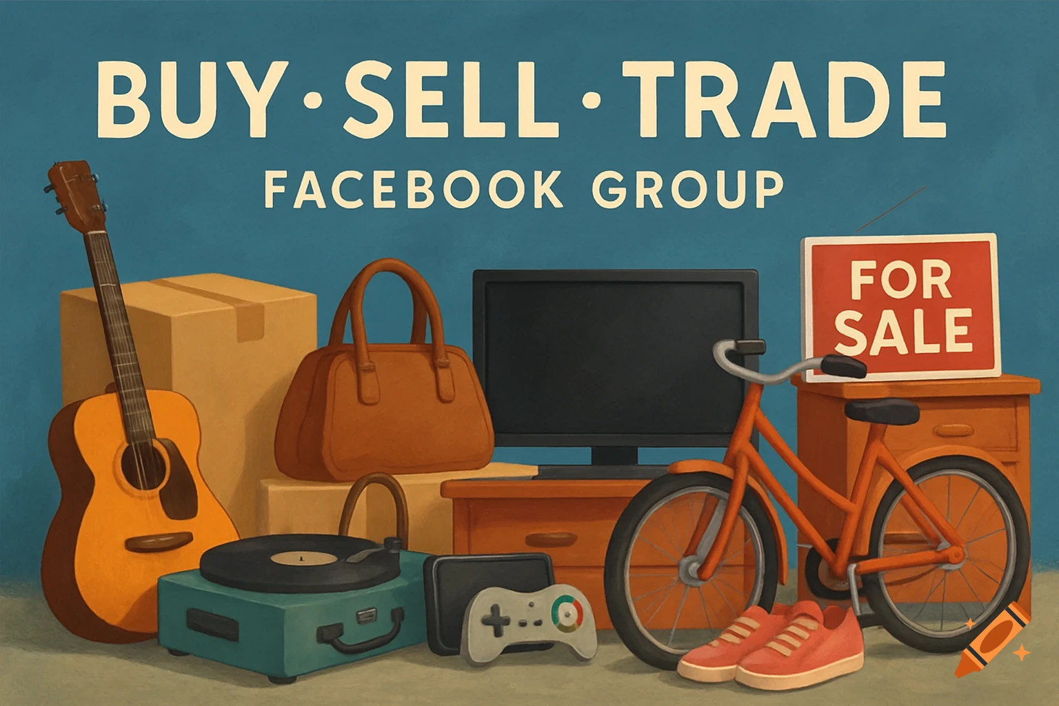 Illustration of items for sale including a guitar, handbag, TV, and ...