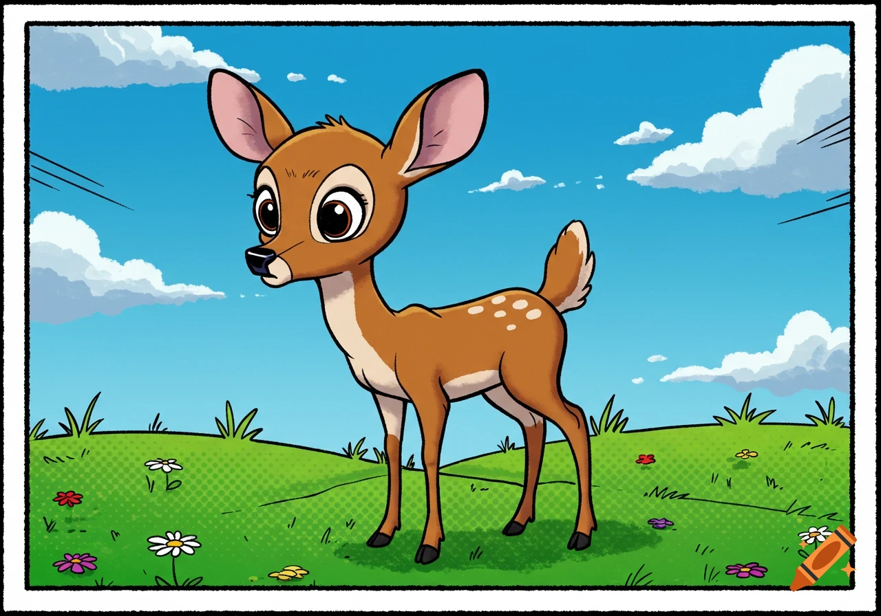 A cartoon deer stands in a grassy field with flowers in a comic strip ...