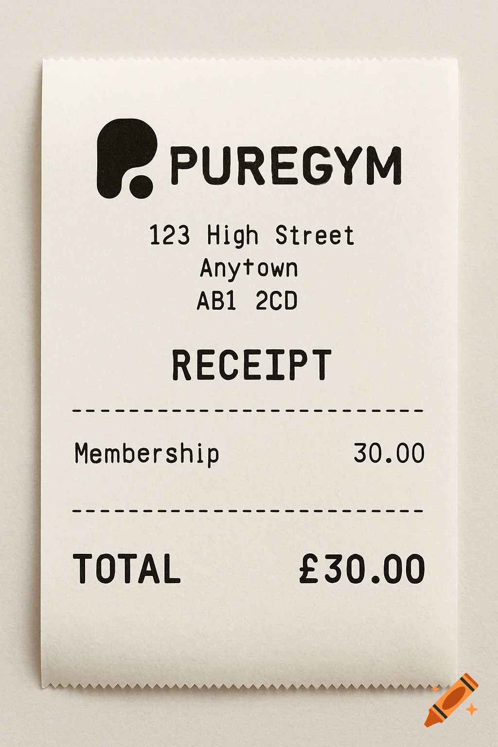 A realistic PureGym receipt showing a membership total of £30.00. on ...