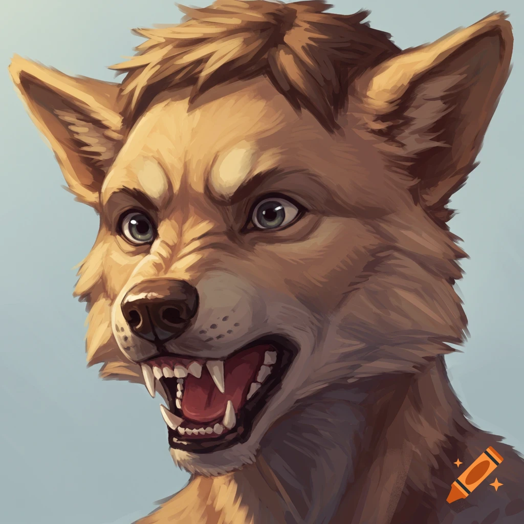 Close-up illustration of a snarling anthropomorphic canine face with ...