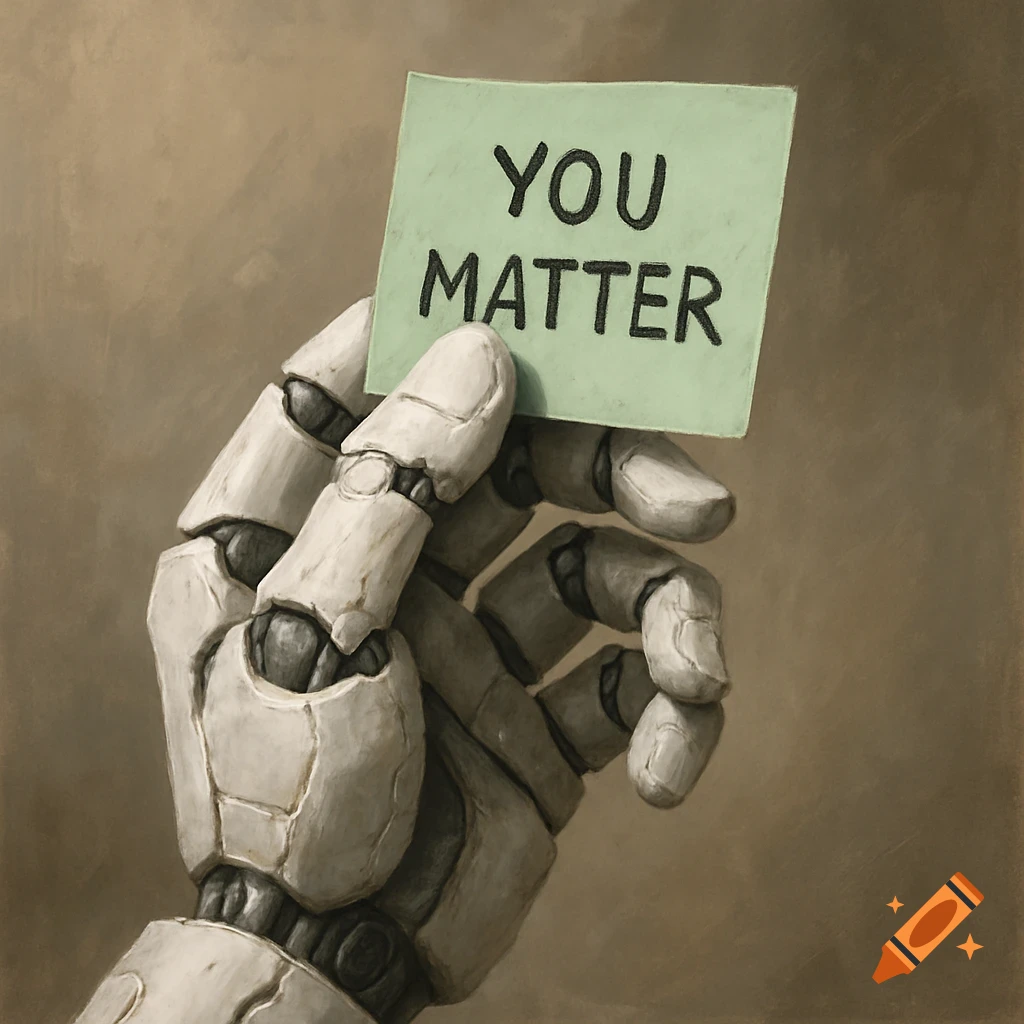 Robot hand holding a green sticky note with 'YOU MATTER' written on it ...
