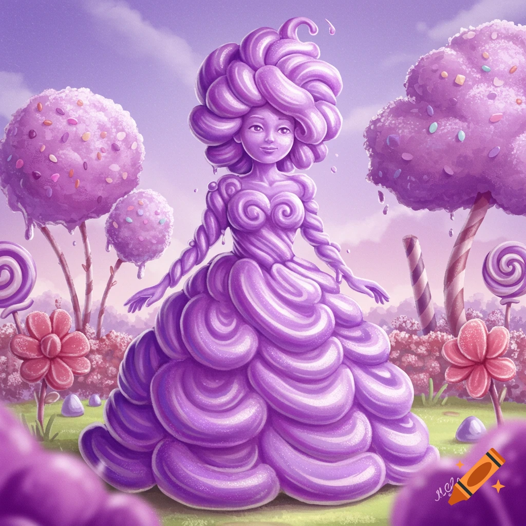 Purple candy lady in a sweet candy land setting with candy trees and ...