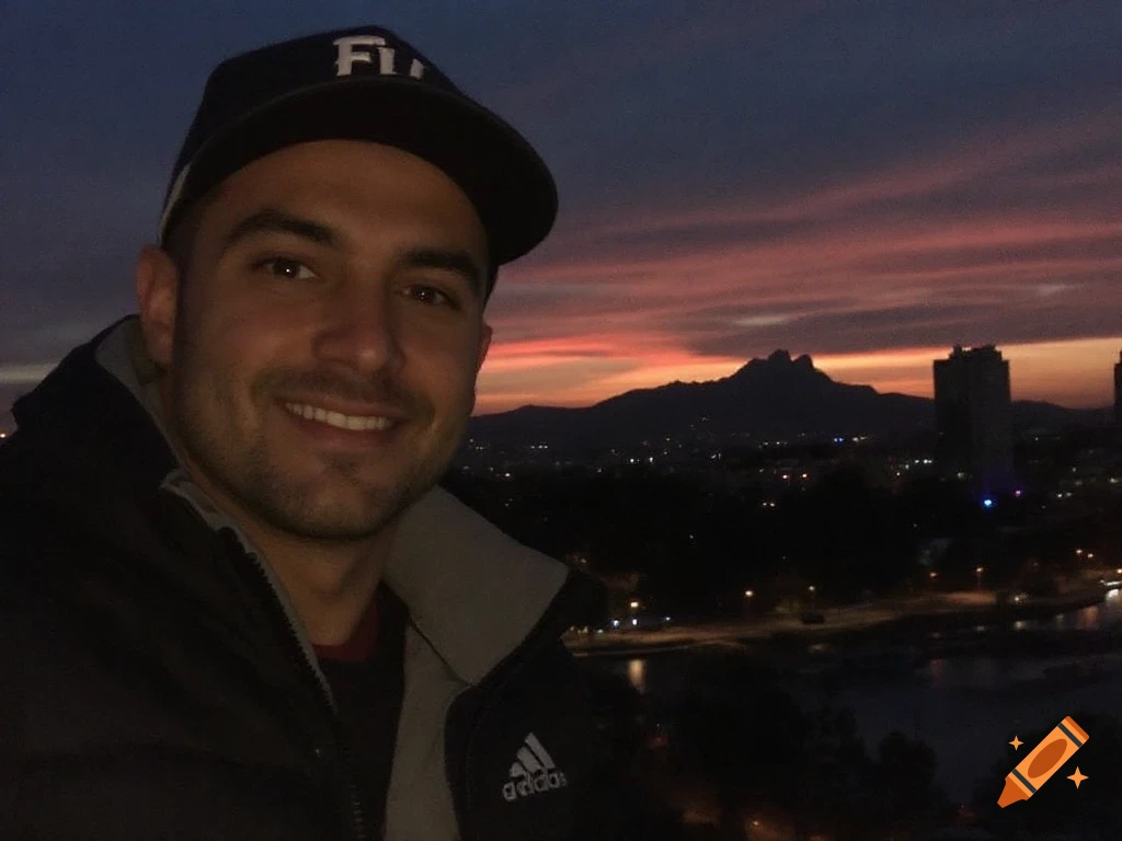 Smiling man wearing a cap and jacket poses for a selfie against a city ...