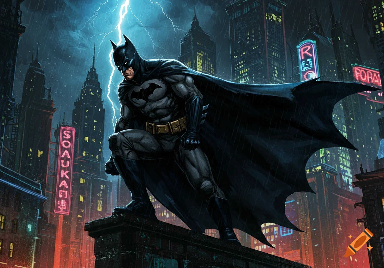 Batman stands on a rainy rooftop overlooking a futuristic city under a ...