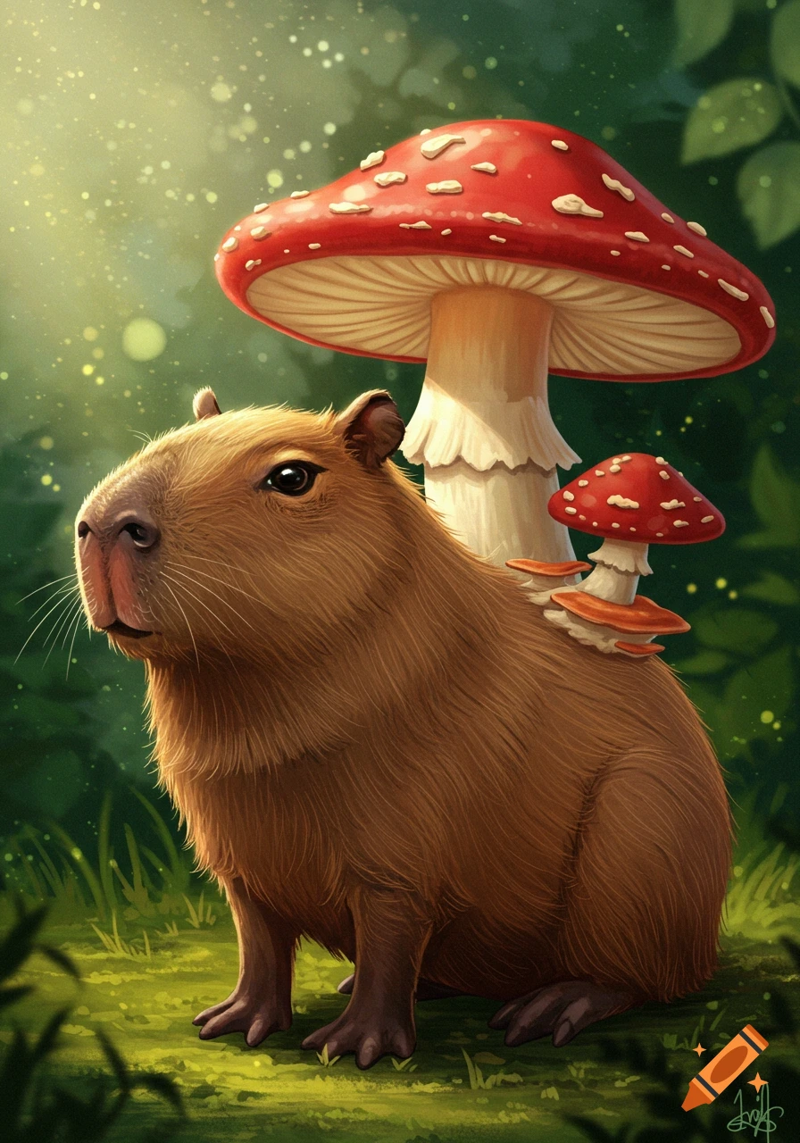 Digital illustration of a capybara sitting in a forest with red and ...