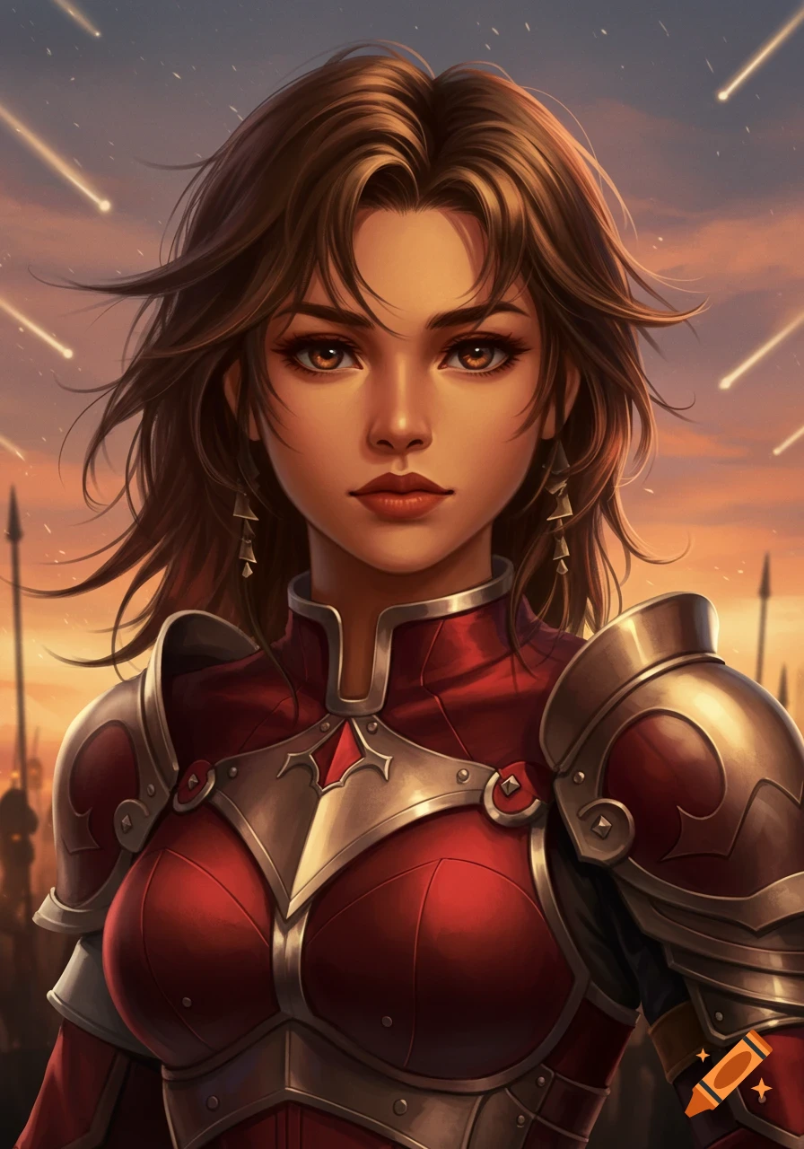 Portrait of a female warrior in red and bronze fantasy armor against a battlefield with glowing ...