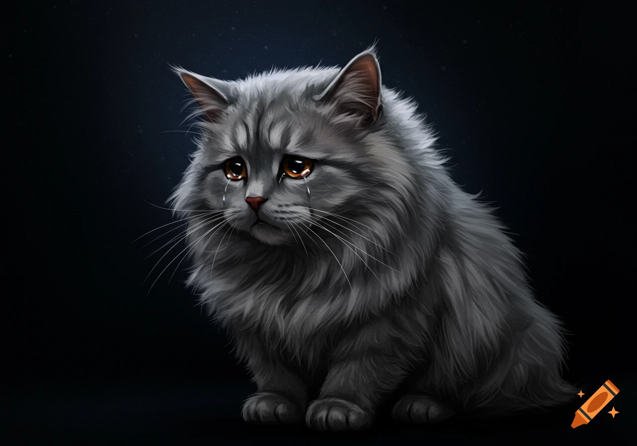 A sad grey fluffy cat with tears in its eyes sits in the dark. on Craiyon