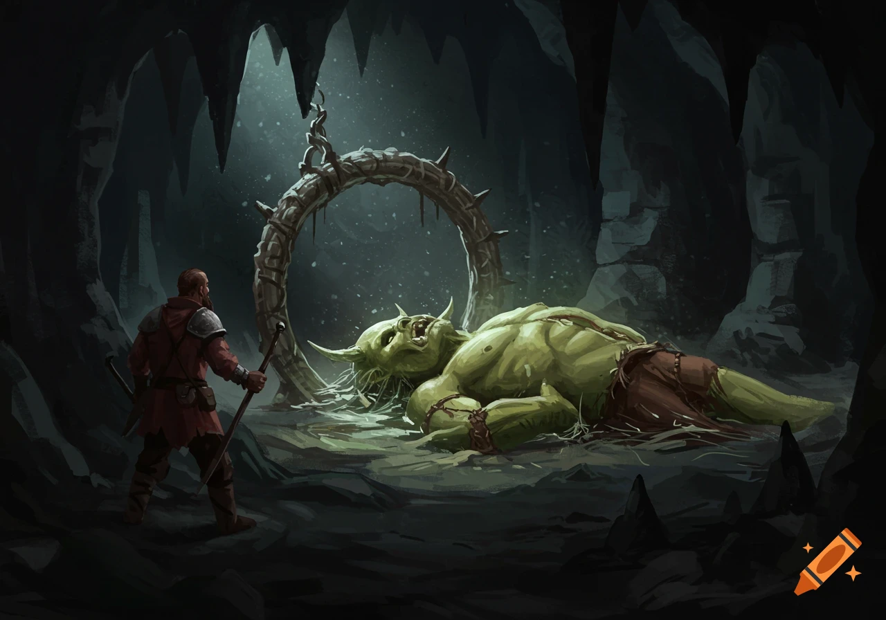 Warrior stands before chained, defeated giant monster in a dark cave with a spiked ring. on Craiyon