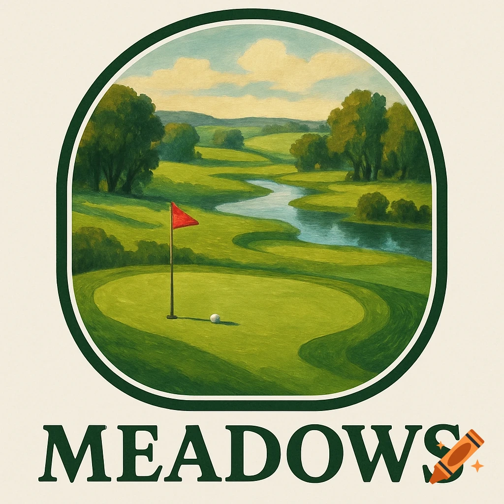 Golf course logo with a green and landscape inside an oval frame, the ...
