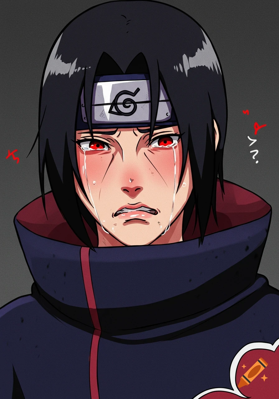 Anime close-up of Itachi Uchiha with red eyes crying profusely on Craiyon