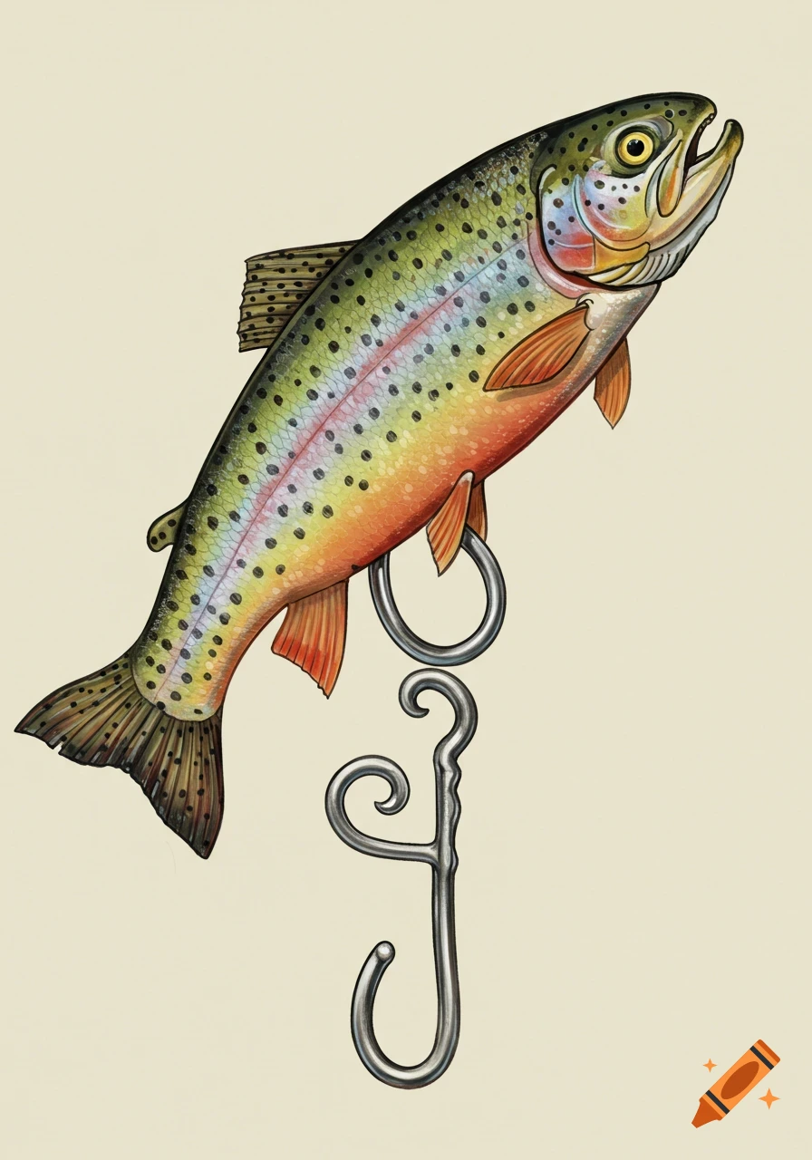 Detailed illustration of a trout hanging from a metal hook. on Craiyon