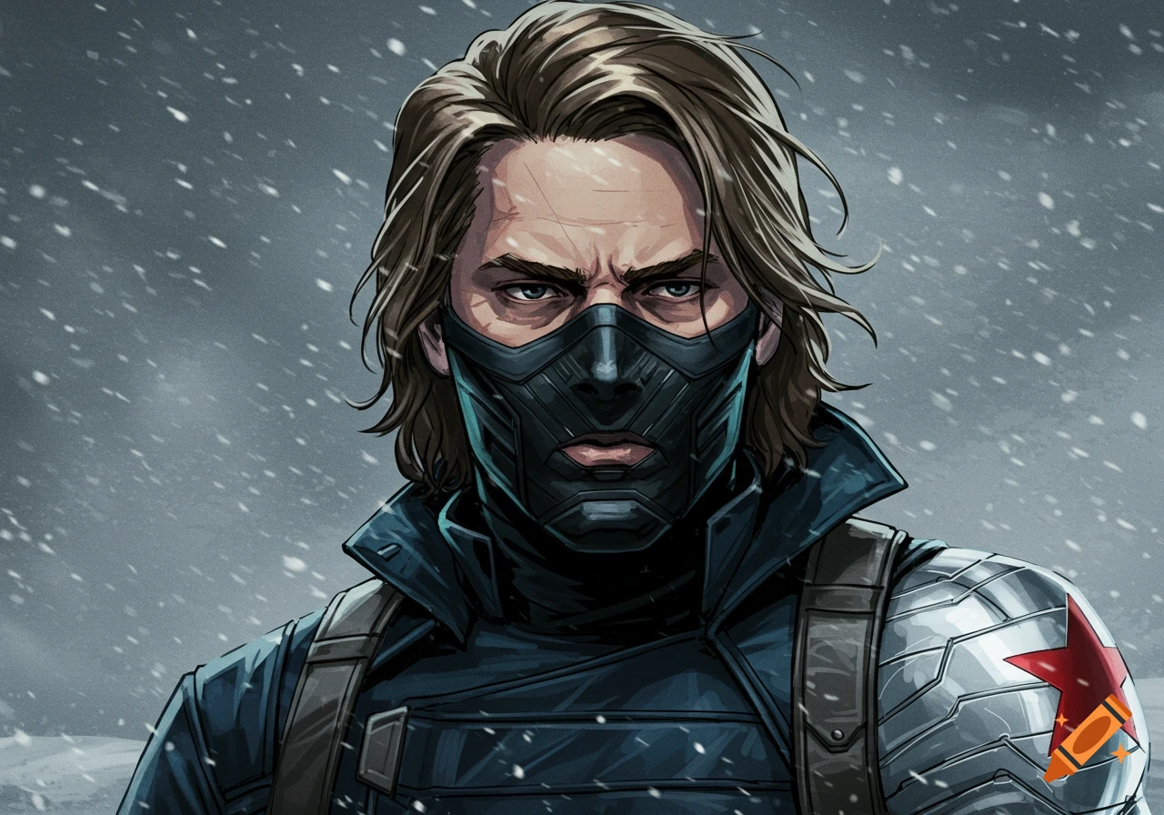Drawing of the Winter Soldier wearing his mask and metal arm in a snowy ...
