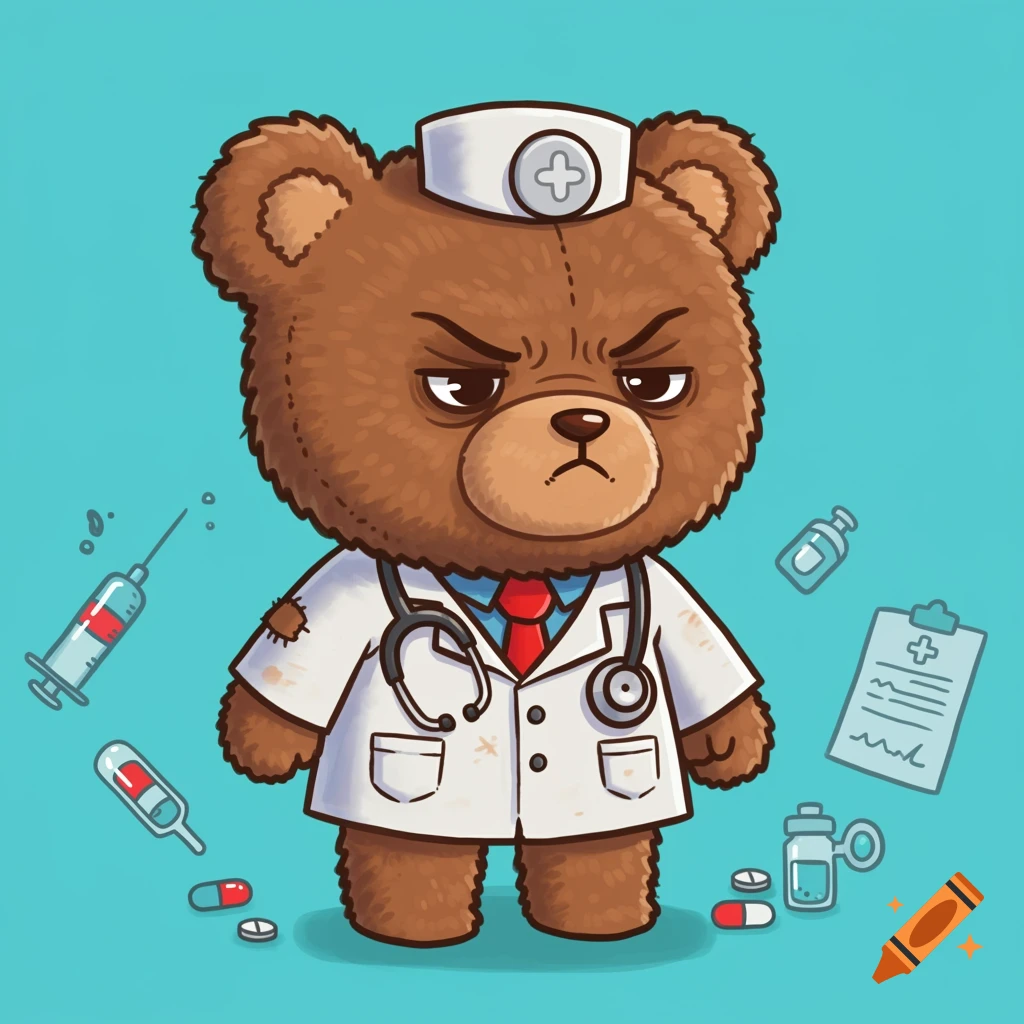 Cartoon upset teddy bear doctor with medical items on Craiyon